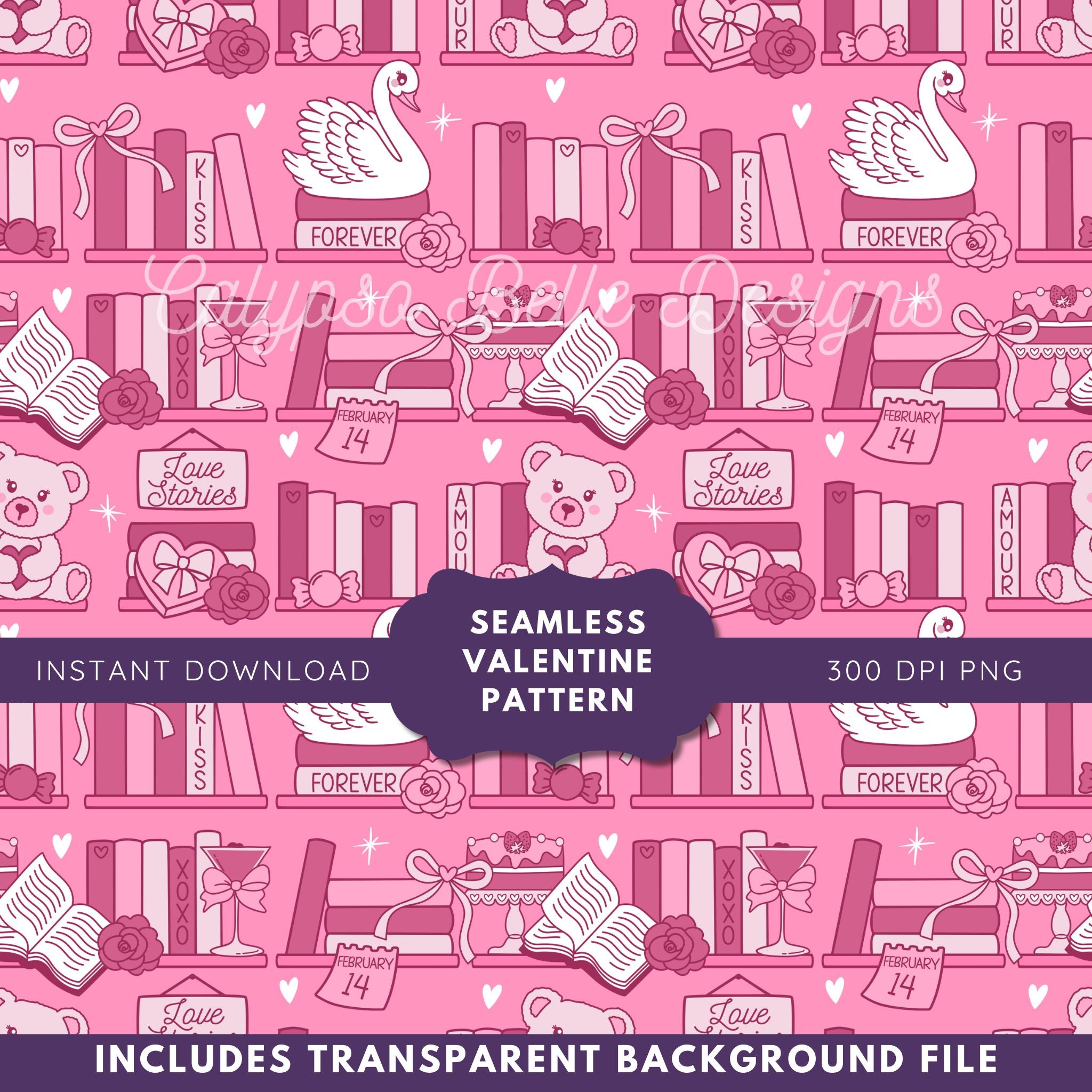 Coquette Bookshelf Valentine Reader Seamless Pattern, Bookish Pattern ...